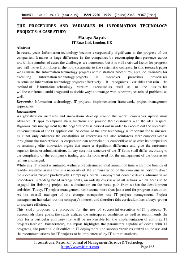 (PDF) THE PROCEDURES AND VARIABLES IN INFORMATION TECHNOLOGY PROJECTS ...