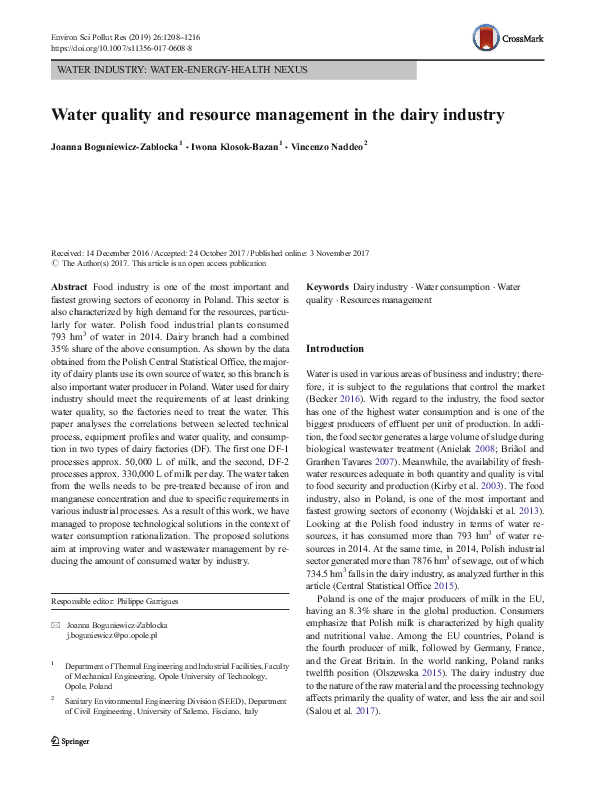 (PDF) Water quality and resource management in the dairy industry