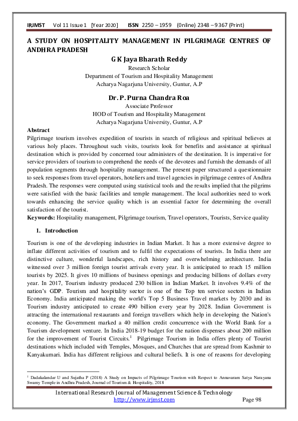 (PDF) A STUDY ON HOSPITALITY MANAGEMENT IN PILGRIMAGE CENTRES OF ANDHRA ...