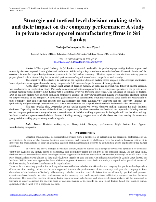 (PDF) Strategic and tactical level decision making styles and their ...