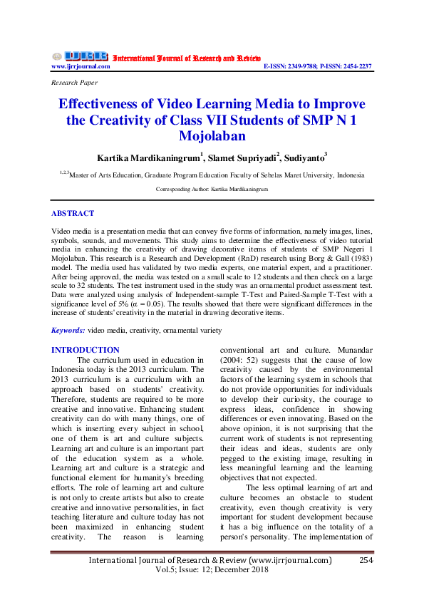 (PDF) Effectiveness of Video Learning Media to Improve the Creativity ...