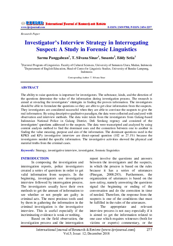(PDF) Investigator's Interview Strategy in Interrogating Suspect: A ...