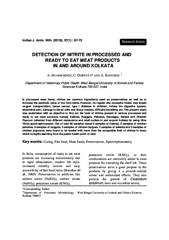 Pdf Detection Of Nitrite In Processed And Ready To Eat Meat Products In And Around Kolkata