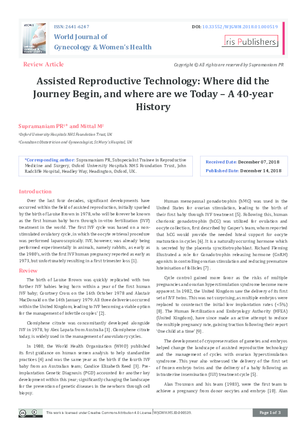 (PDF) Assisted Reproductive Technology: Where did the Journey Begin ...