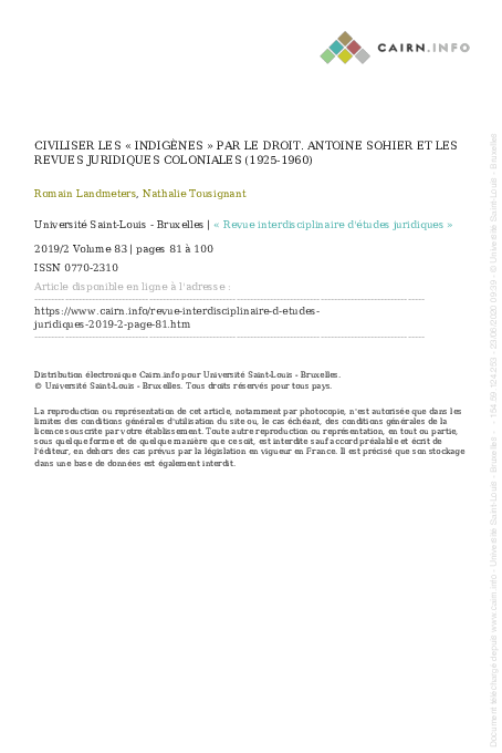(PDF) Civiliser les « indigènes » par le droit. Antoine Sohier et les ...