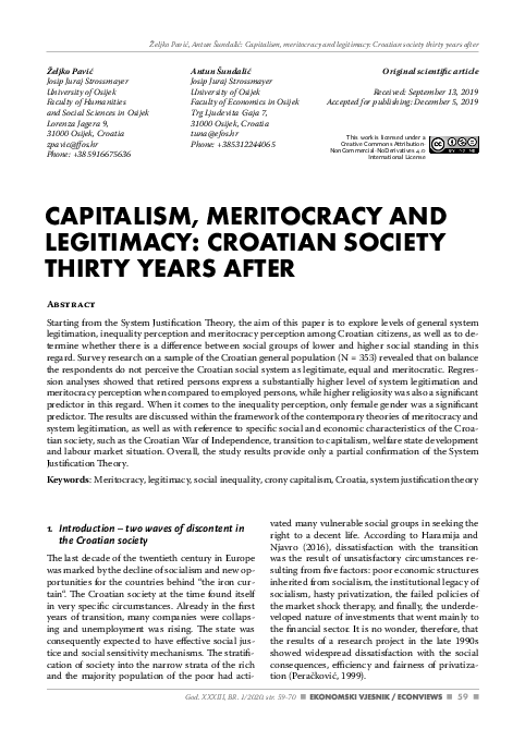 (PDF) CAPITALISM, MERITOCRACY AND LEGITIMACY: CROATIAN SOCIETY THIRTY ...