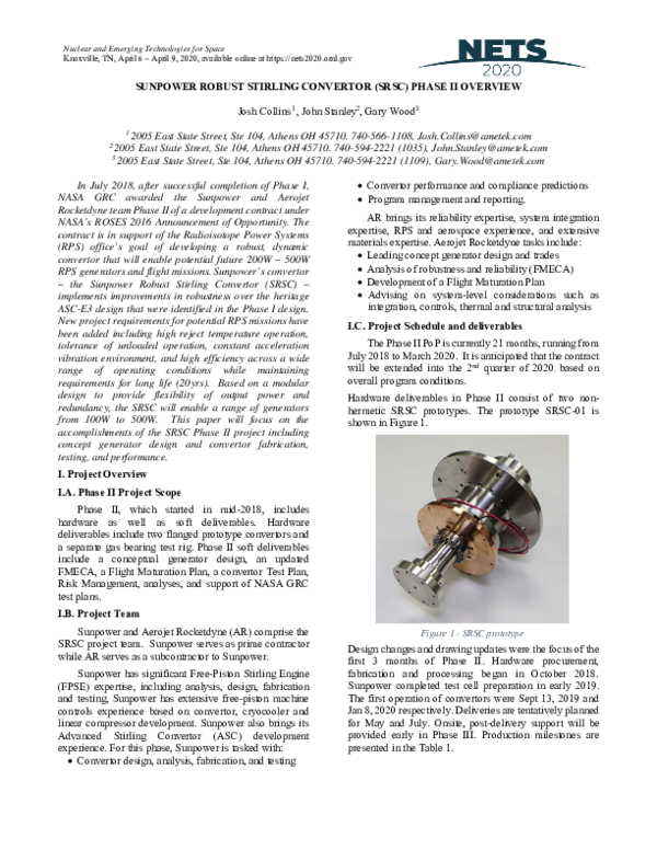 (PDF) Sunpower Robust Stirling Convertor (SRSC) Phase II update