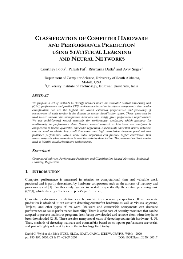 Pdf Classification Of Computer Hardware And Performance Prediction Using Statistical Learning 