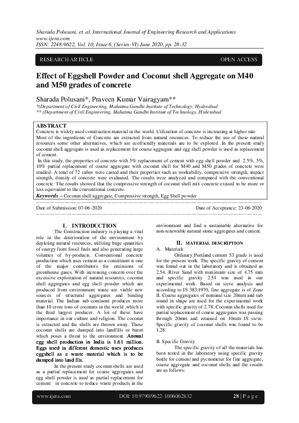 (PDF) Effect of Eggshell Powder and Coconut shell Aggregate on M40 and ...