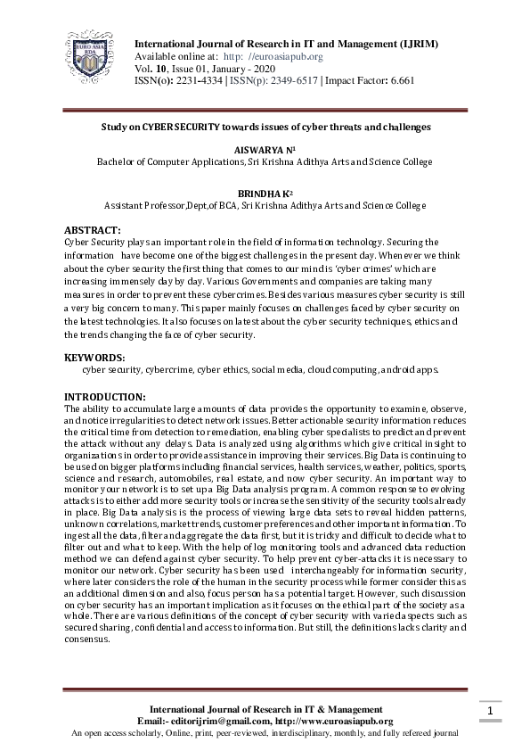 (PDF) Study on CYBER SECURITY towards issues of cyber threats and ...