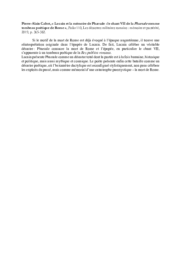 (PDF) Lucain et la mémoire de Pharsale : le chant VII de la Pharsale ...