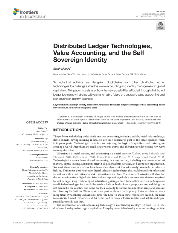 (PDF) Distributed Ledger Technologies, Value Accounting, and the Self Sovereign Identity