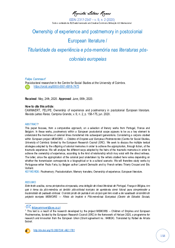 (PDF) Ownership of experience and postmemory in postcolonial European literature