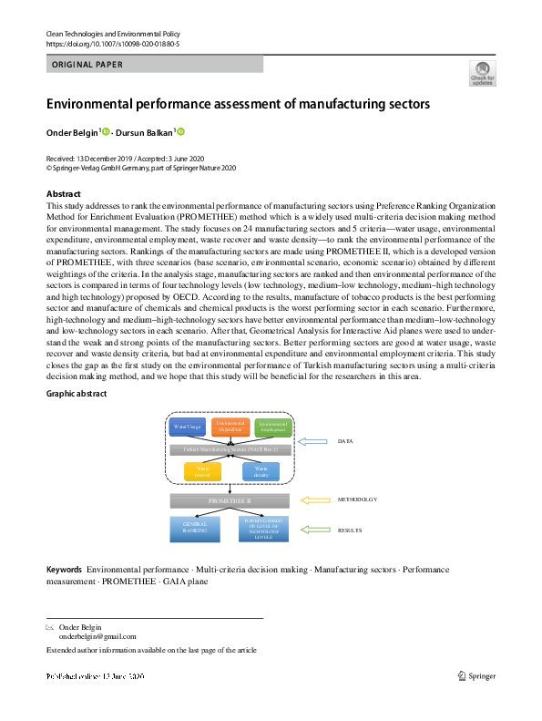 (PDF) Environmental Performance Assessment of Manufacturing Sectors
