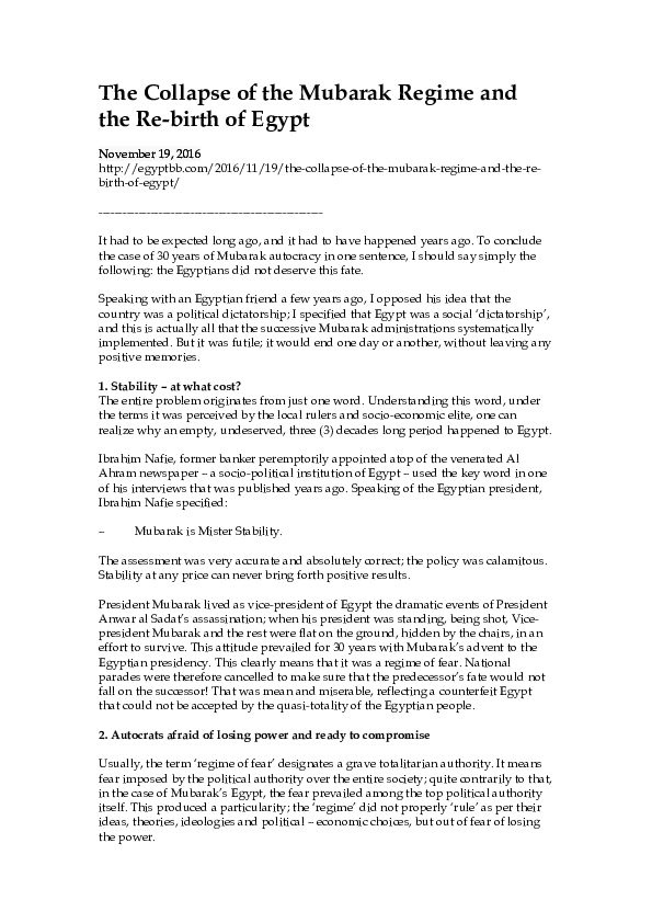 (DOC) The Collapse of the Mubarak Regime and the Re-birth of Egypt - 2 ...