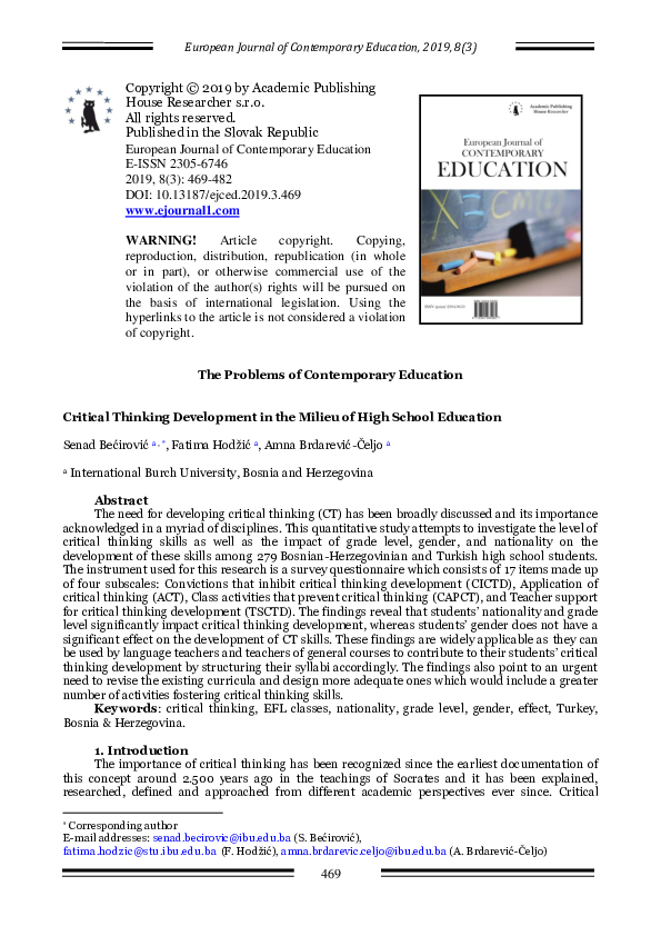(PDF) Critical Thinking Development in the Milieu of High School Education