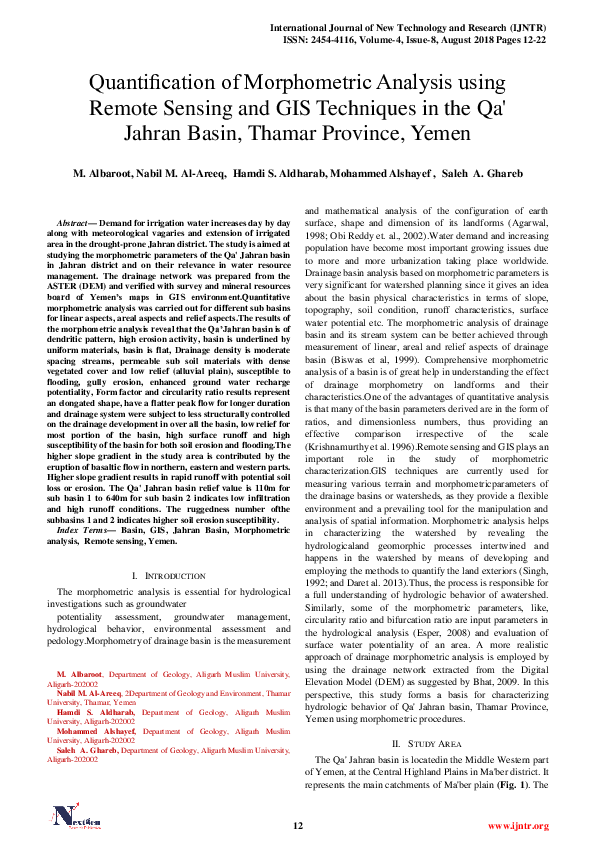 (PDF) Quantiﬁcation of Morphometric Analysis using Remote Sensing and ...