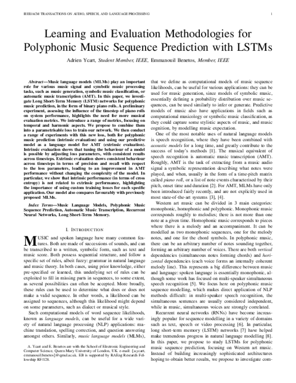 (PDF) Learning and Evaluation Methodologies for Polyphonic Music Sequence Prediction with LSTMs