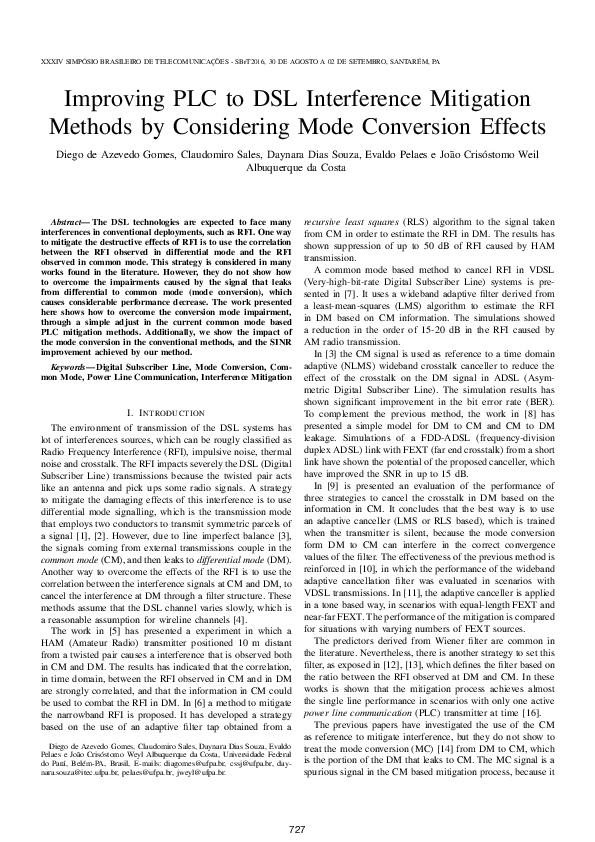 Pdf Improving Plc To Dsl Interference Mitigation Methods By Considering Mode Conversion Effects