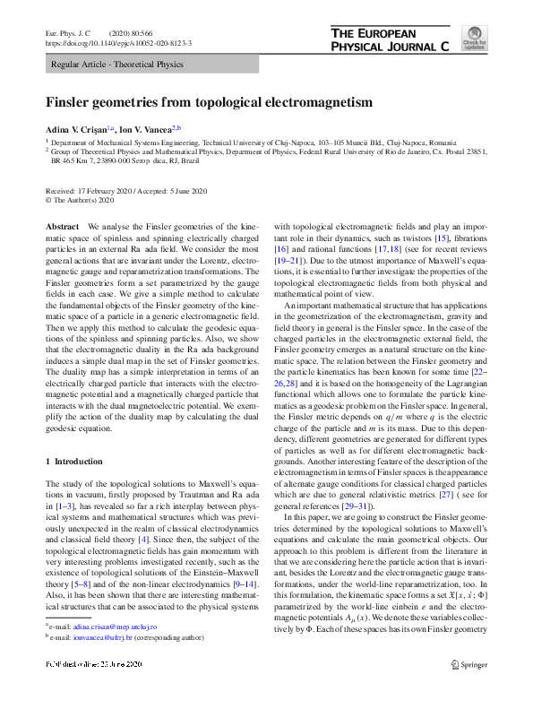 (PDF) Finsler geometries from topological electromagnetism