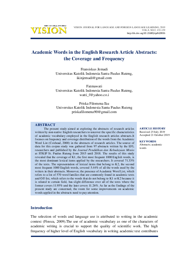 (PDF) Academic Words in the English Research Article Abstracts: the ...