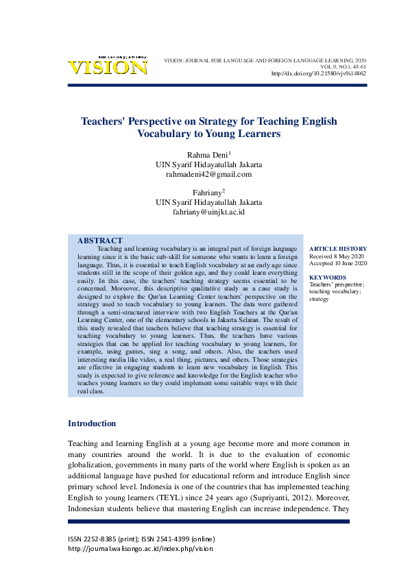 (PDF) Teachers' Perspective on Strategy for Teaching English Vocabulary ...