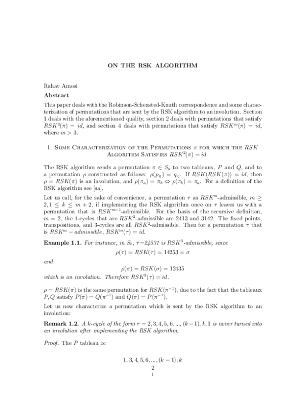 (PDF) ON THE RSK ALGORITHM