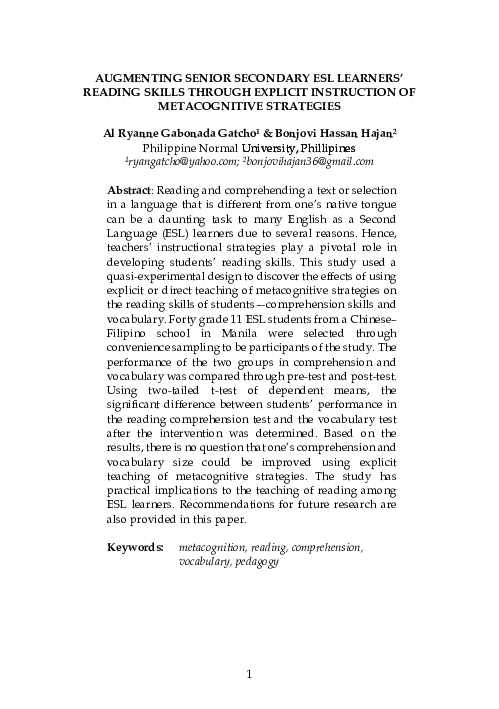 Pdf Augmenting Senior Secondary Esl Learners Reading Skills Through Explicit Instruction Of