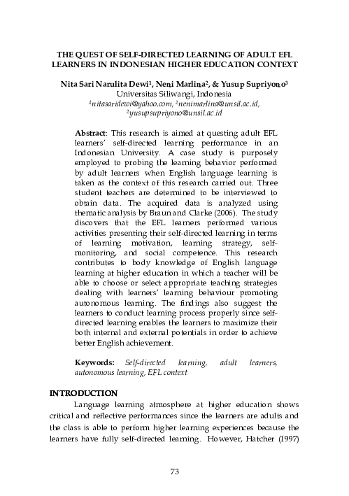 Pdf The Quest Of Self Directed Learning Of Adult Efl Learners In Indonesian Higher Education