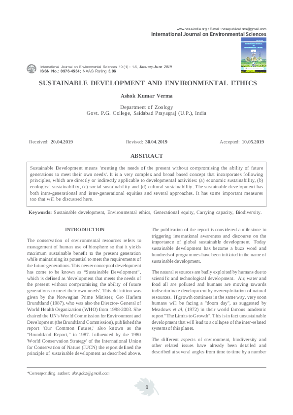 (PDF) SUSTAINABLE DEVELOPMENT AND ENVIRONMENTAL ETHICS