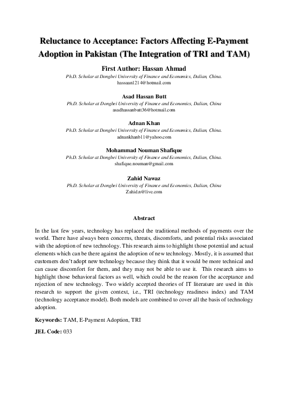 (PDF) Reluctance to Acceptance: Factors Affecting E-Payment Adoption in Pakistan (The ...