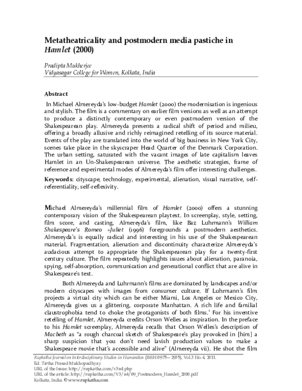 (PDF) Metatheatricality and postmodern media pastiche in Hamlet (2000)