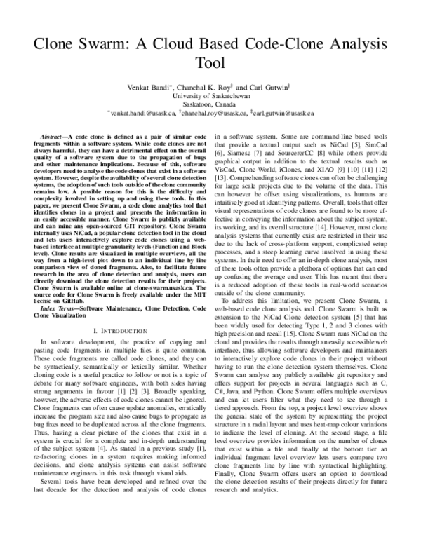 (PDF) Clone Swarm: A Cloud Based Code-Clone Analysis Tool