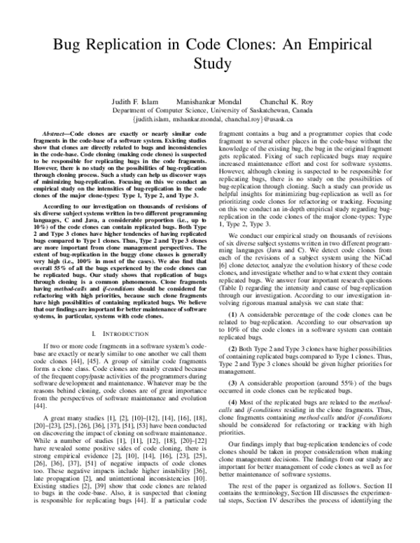 (PDF) Bug Replication in Code Clones: An Empirical Study