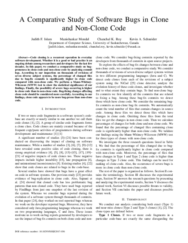 (PDF) A Comparative Study of Software Bugs in Clone and Non-Clone Code
