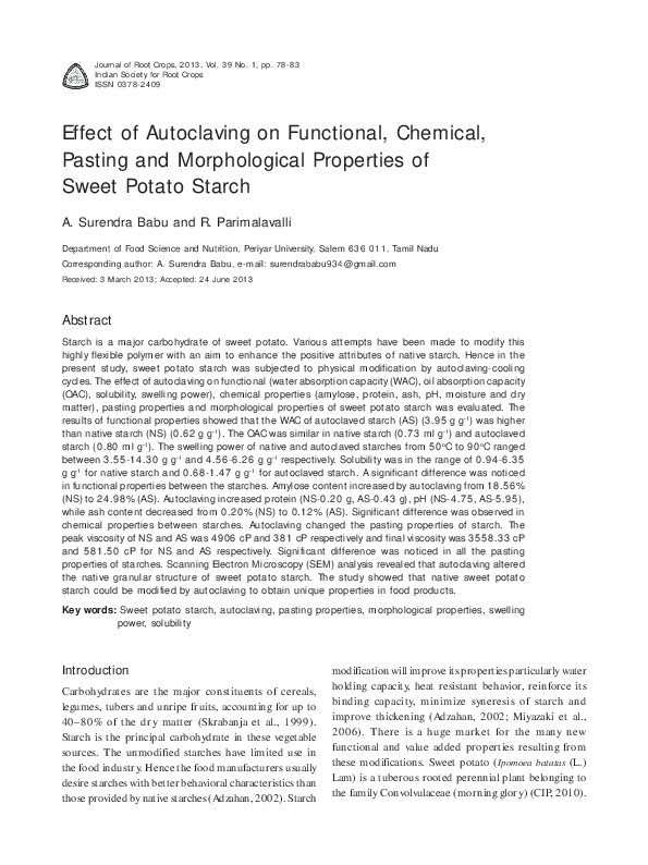 (PDF) Effect of Autoclaving on Functional, Chemical, Pasting and Morphological Properties of ...