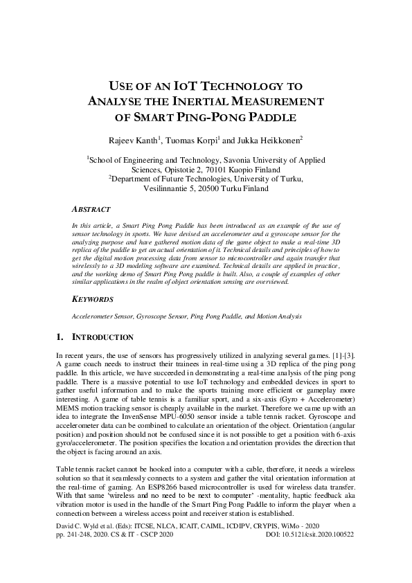 (PDF) USE OF AN IOT TECHNOLOGY TO ANALYSE THE INERTIAL MEASUREMENT OF SMART PING-PONG PADDLE