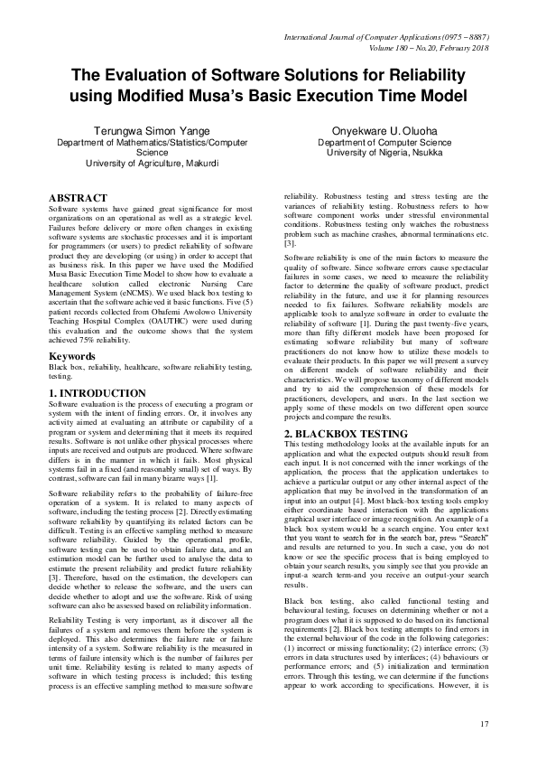 (PDF) The Evaluation of Software Solutions for Reliability using ...