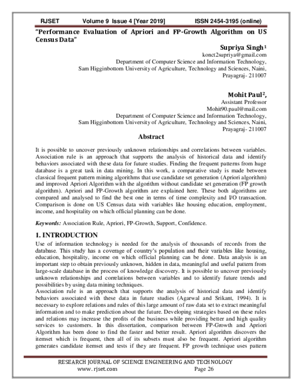 (PDF) Performance Evaluation of Apriori and FP-Growth Algorithm on US ...