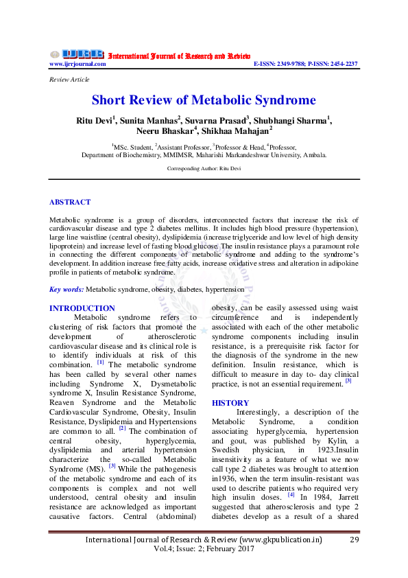 (PDF) Short Review of Metabolic Syndrome