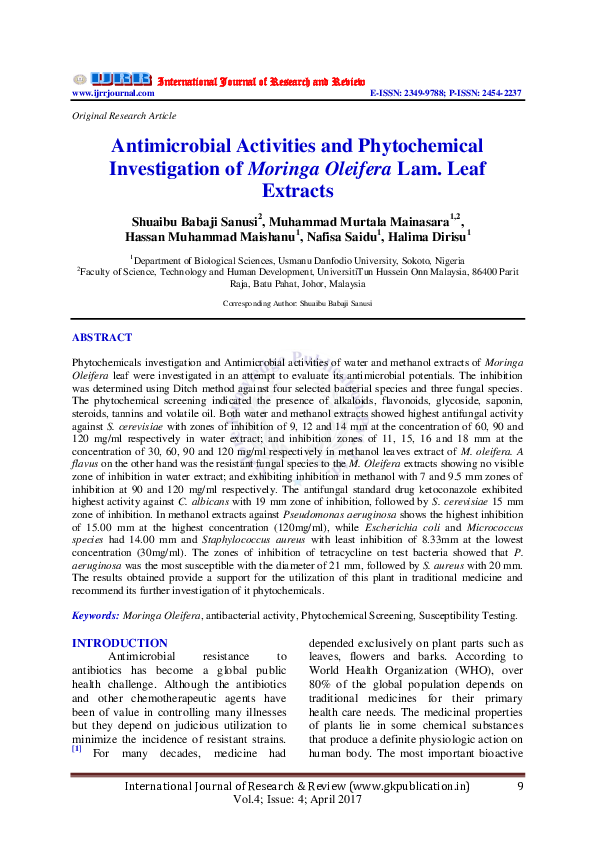 (PDF) Antimicrobial Activities and Phytochemical Investigation of Moringa Oleifera Lam. Leaf ...