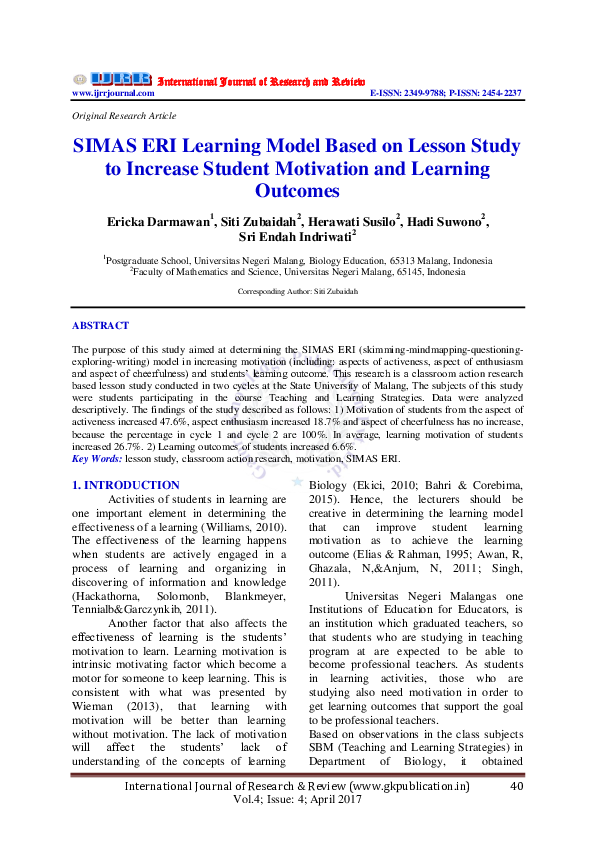 (PDF) SIMAS ERI Learning Model Based on Lesson Study to Increase Student Motivation and Learning ...