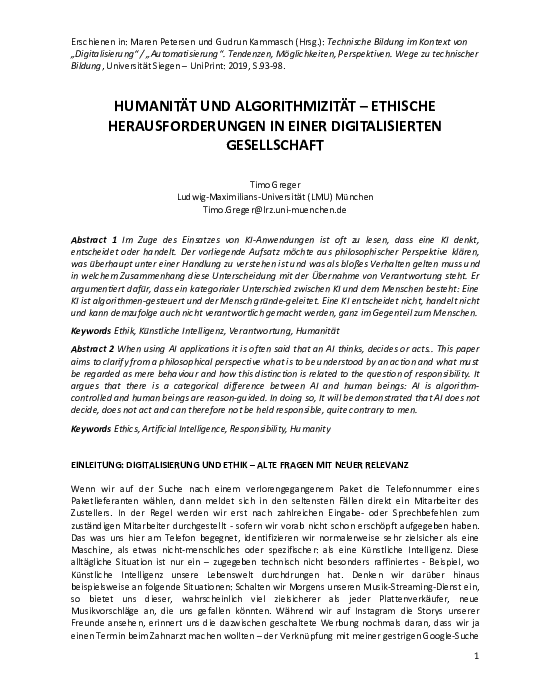 (PDF) HUMANITÄT UND ALGORITHMIZITÄT -ETHISCHE HERAUSFORDERUNGEN IN ...