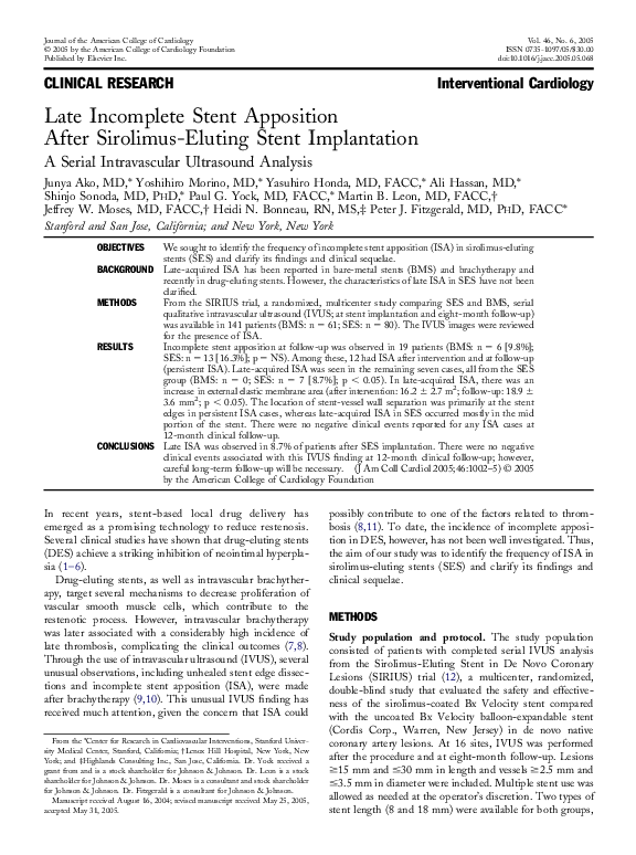 (PDF) Late Incomplete Stent Apposition After Sirolimus-Eluting Stent ...