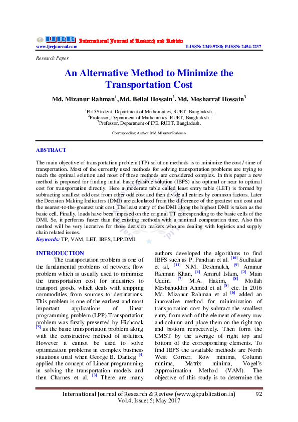 (PDF) An Alternative Method to Minimize the Transportation Cost