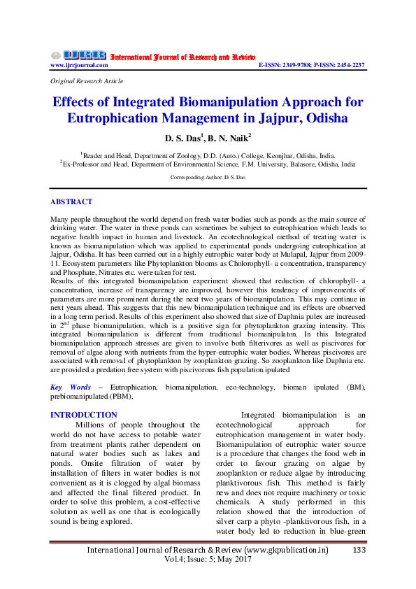 (PDF) Effects of Integrated Biomanipulation Approach for Eutrophication ...