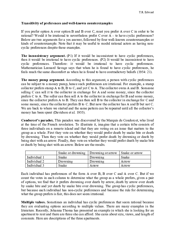 (PDF) Transitivity of preferences and well-known counterexamples