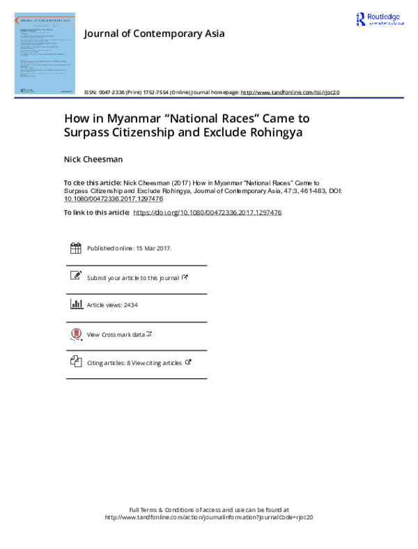(PDF) How in Myanmar “National Races” Came to Surpass Citizenship and ...