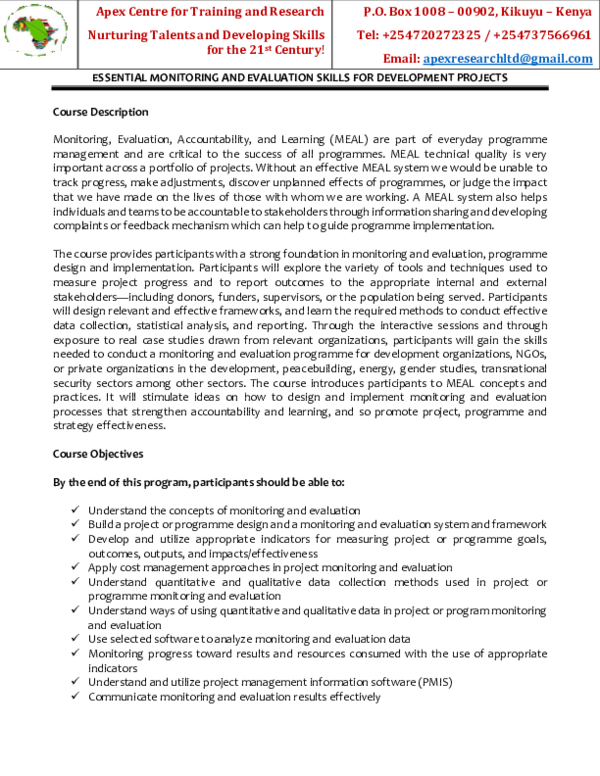 (PDF) Essential Monitoring and Evaluation Skills for Development Projects