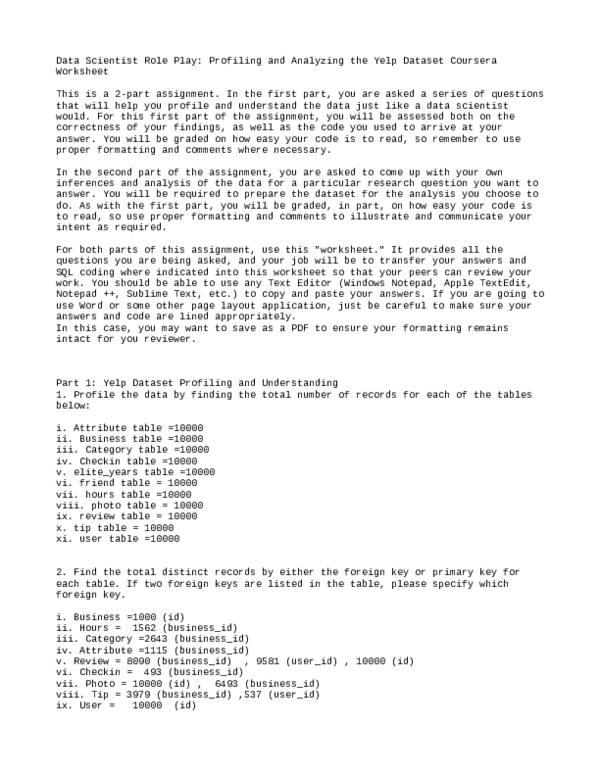 Data Scientist Role Play: Profiling and Analyzing the Yelp Dataset Coursera Worksheet